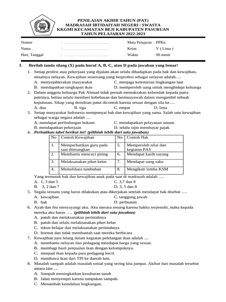 Soal Pat PPKN Kls 5 (22-23) | PDF | Ilmu Sosial | Kajian Bahasa Asing