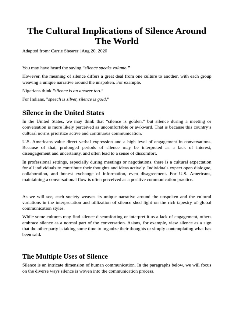 Cultural Implications Silence Summary Practice | PDF | Nonverbal Communication | Silence