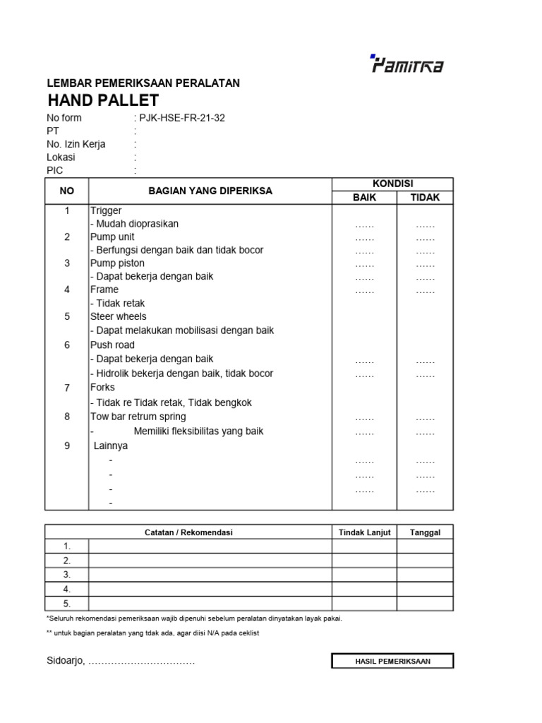 Checklist Inspeksi Hand Pallet - PJK-HSE-FR-21-32 | PDF