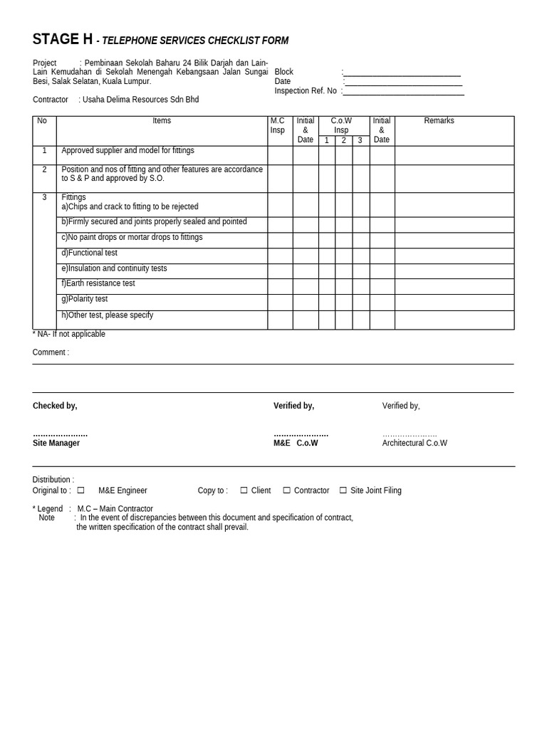 Stage H - Telephone Services Inspection Form | PDF