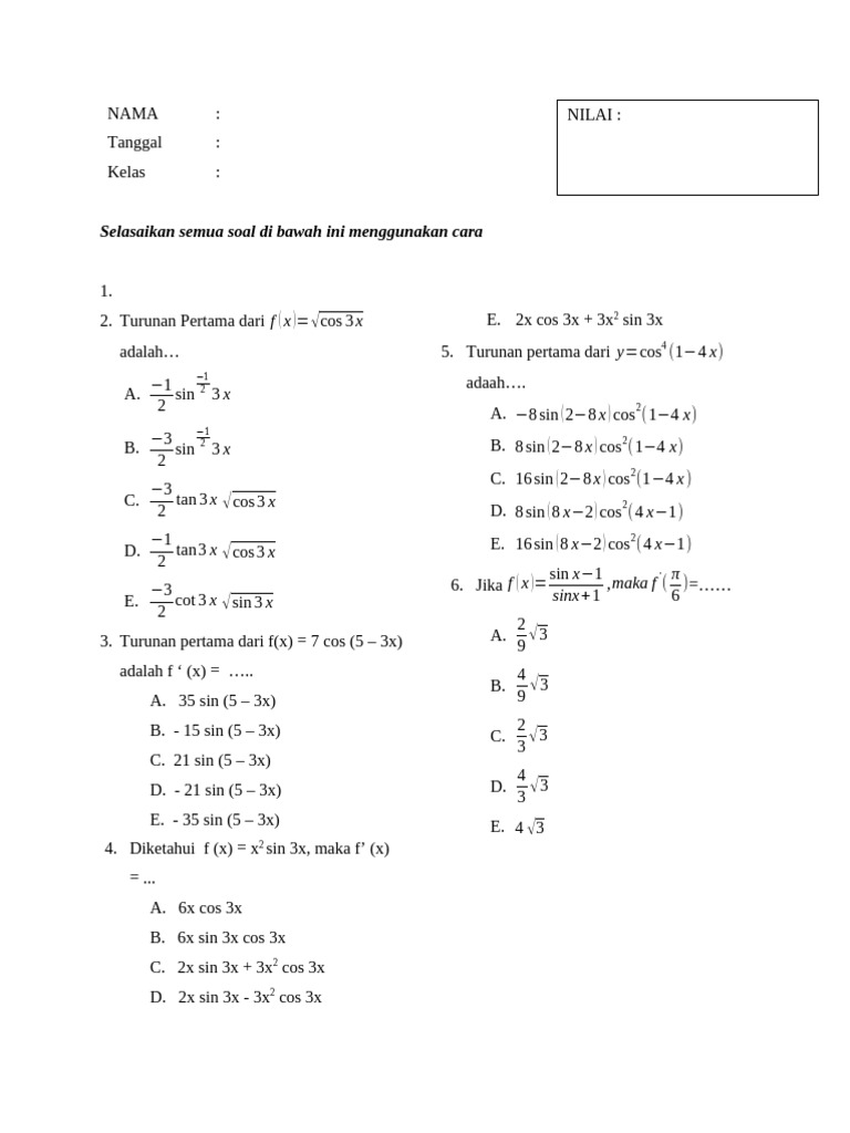 Soal Turunan Fungsi Trigonometri Paket 3 | PDF