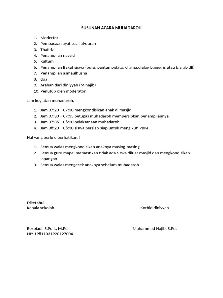 Susunan Acara Muhadaroh Sekolah | PDF