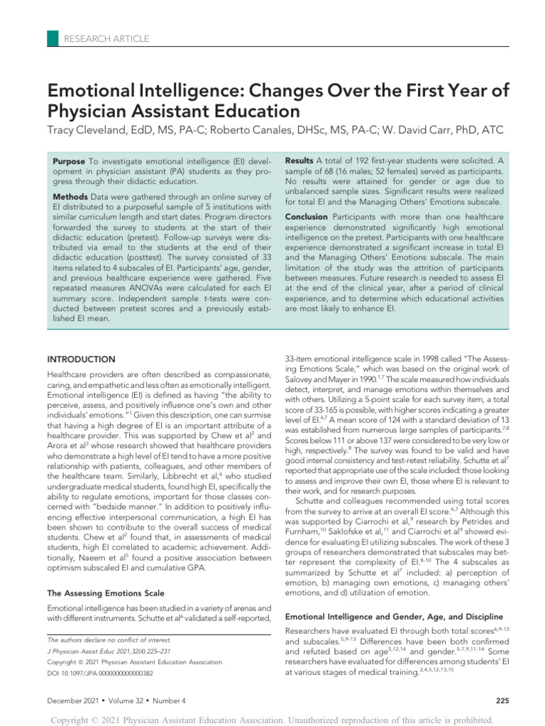 Emotional Intelligence - Changes Over The First Year of Physician ...