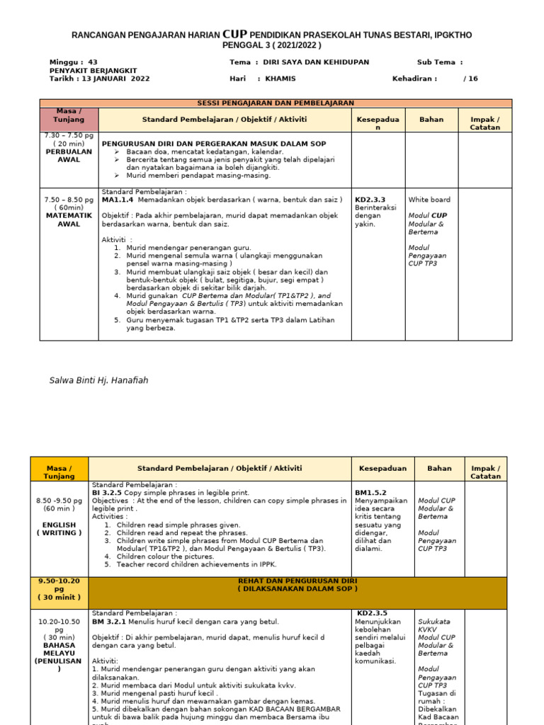 RPH Cup Khamis Kak Wa Minggu 2 Penggal 3 2022 | PDF