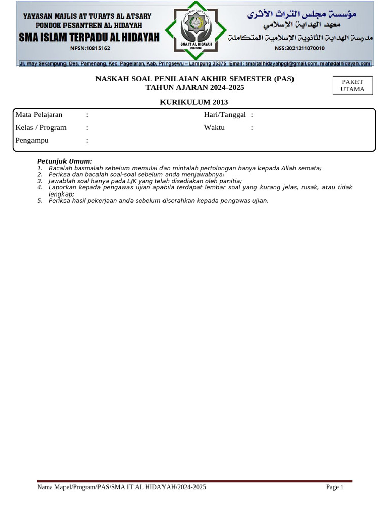 Kop Soal Pas Kelas 12 (K13) | PDF