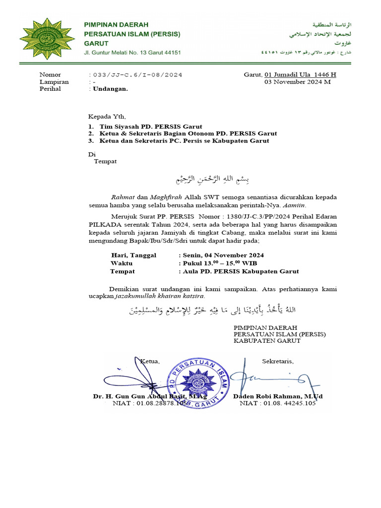 Undangan Rapat PILKADA 2024 PERSIS Garut | PDF