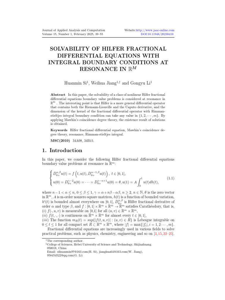 Solvability of Hilfer Fractional Differential Equations With Integral Boundary Conditions at ...