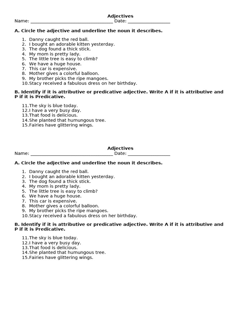 Identifying Adjectives in Sentences | PDF | Language Arts & Discipline ...