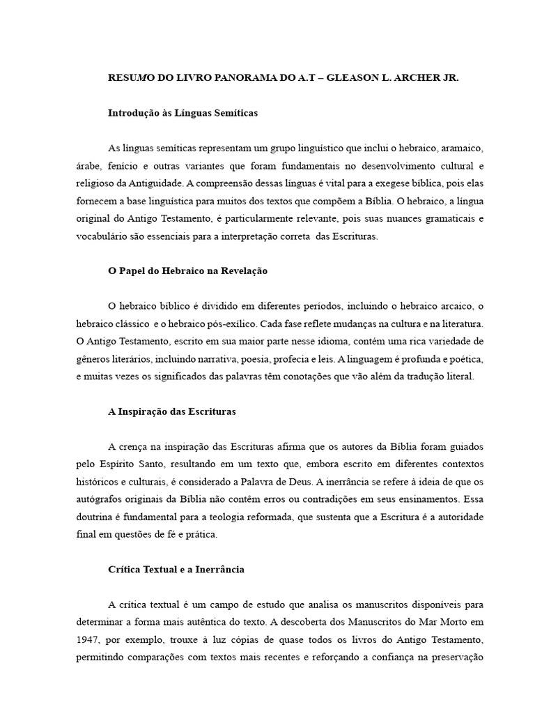 Resumo Do Livro Panorama Do A.T - Gleason L. Archer Jr. Semlincow ...
