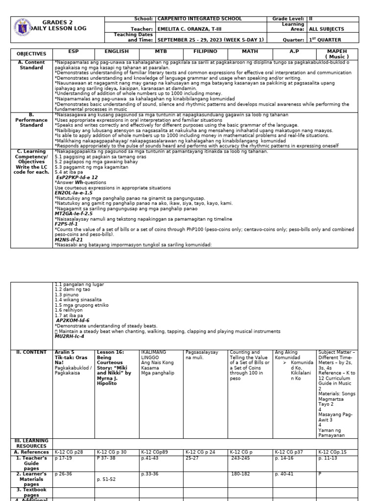 Grade 2 Daily Lesson Log: Week 5 | PDF