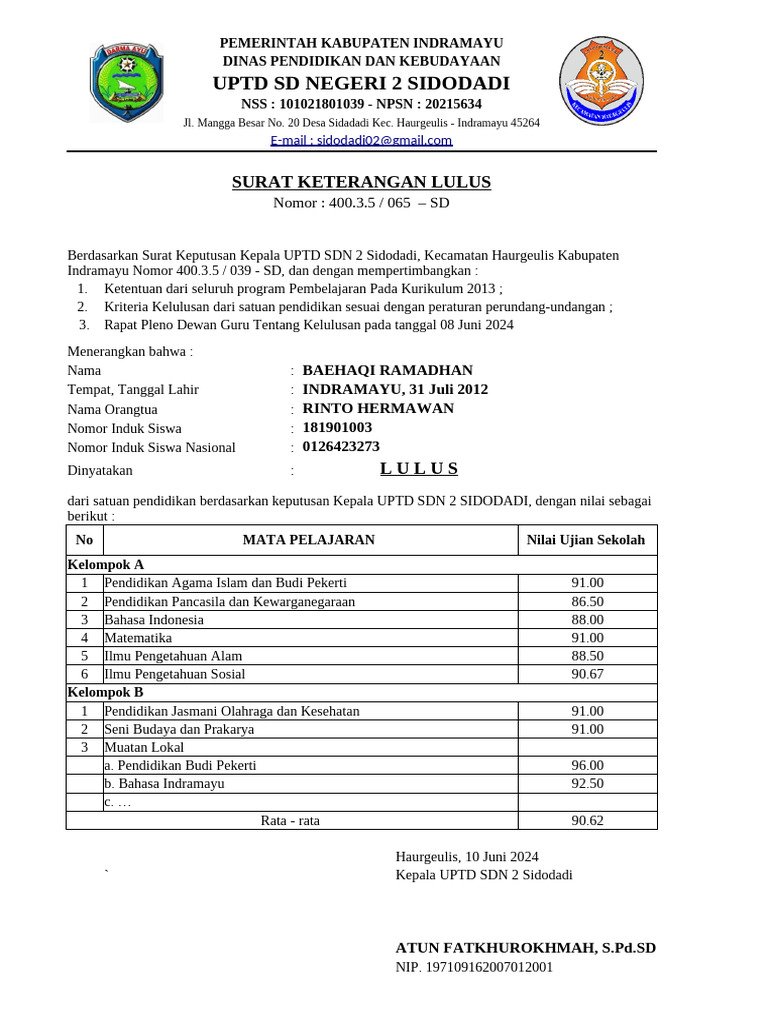 Surat Keterangan Lulus SD Indramayu | PDF