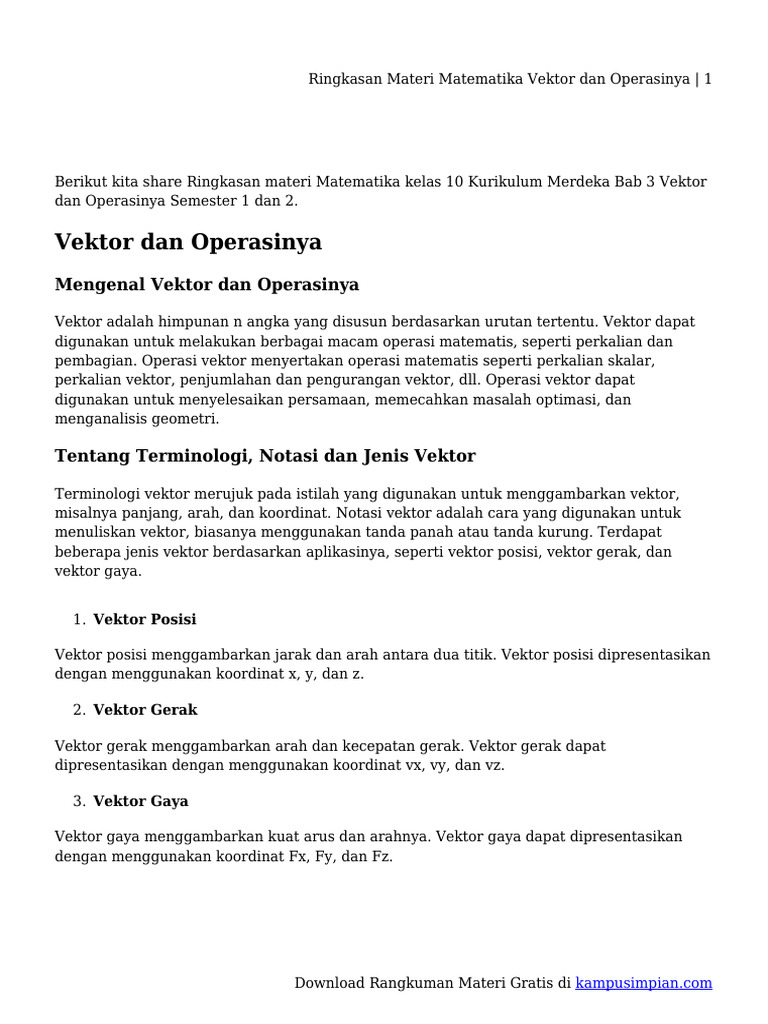 Ringkasan Materi Matematika Vektor Dan Operasinya | PDF