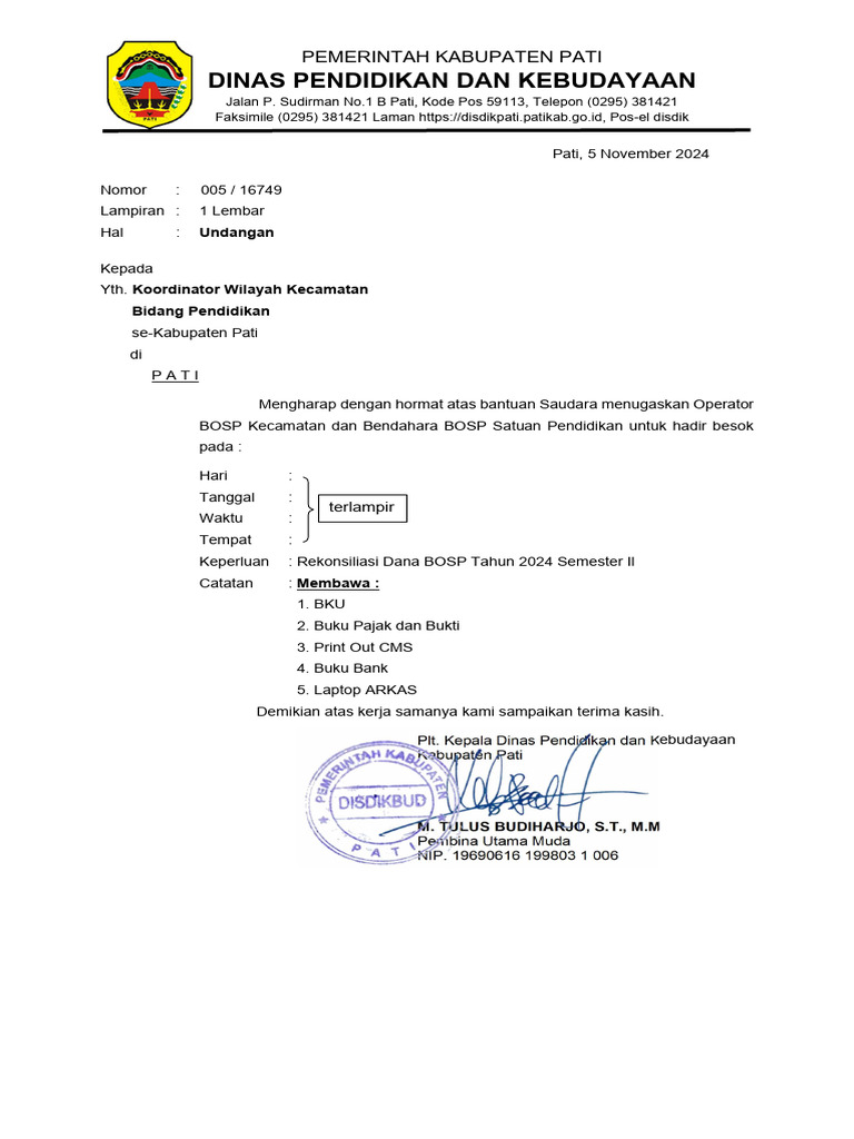 Undangan Rekonsiliasi Dana BOSP 2024 | PDF