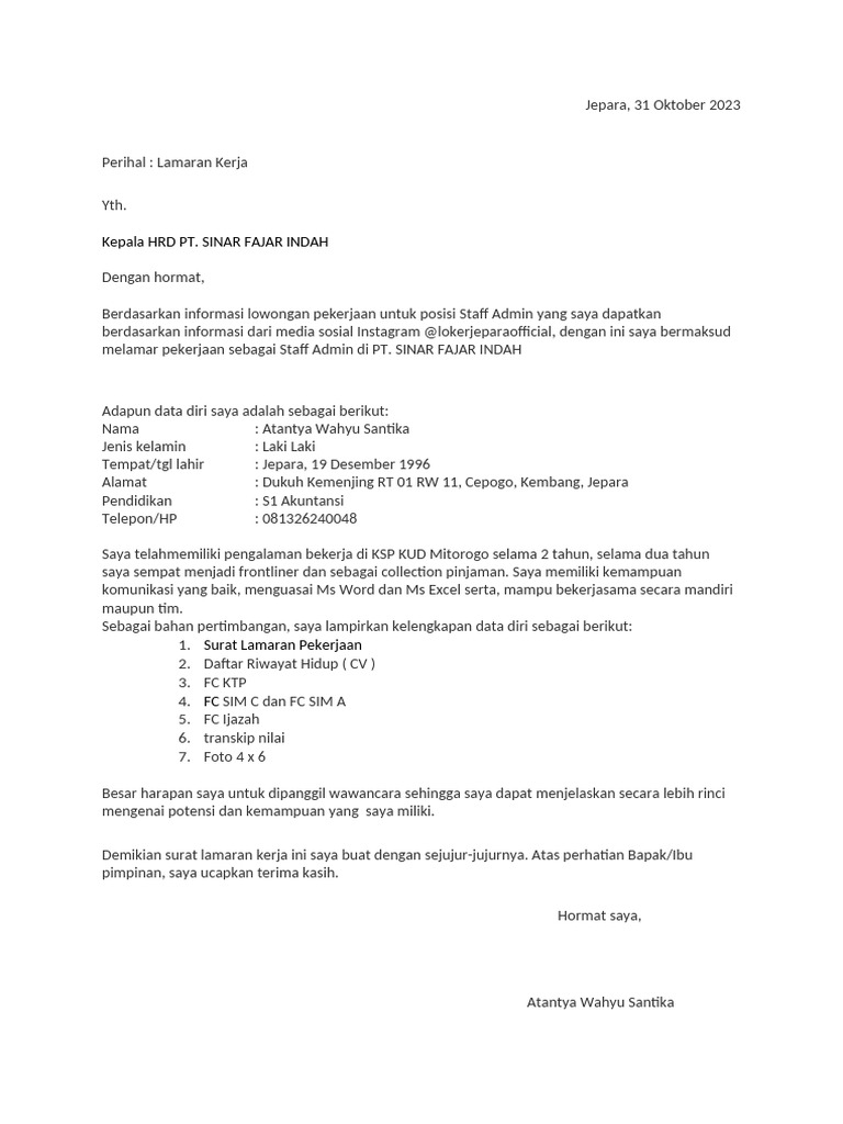 Lamaran PT Sinar Fajar Indah | PDF
