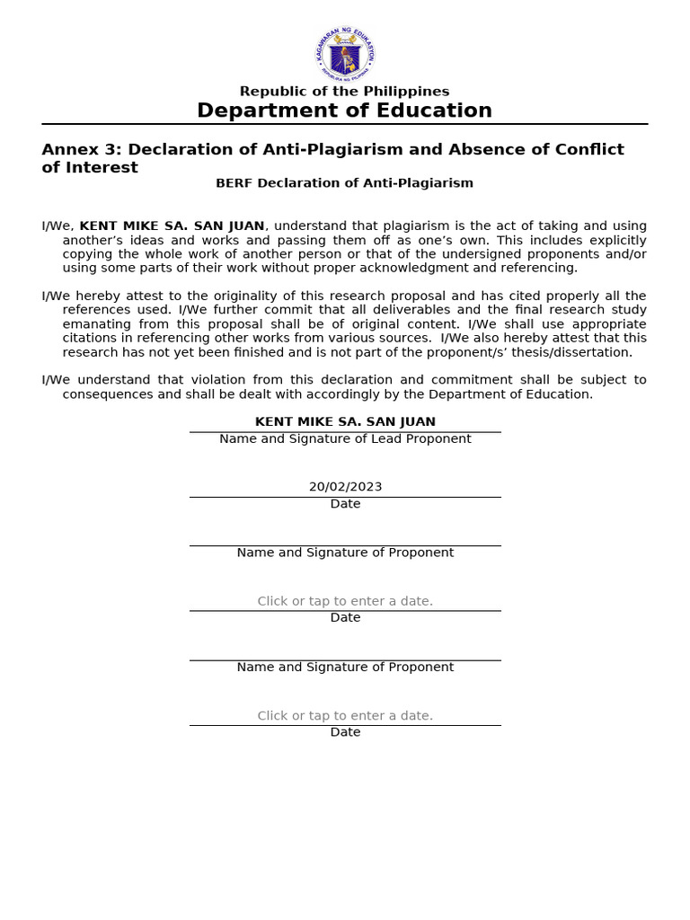 Declaration of Anti-Plagiarism & Absence of Conflict of Interest | PDF | Justice | Crime & Violence