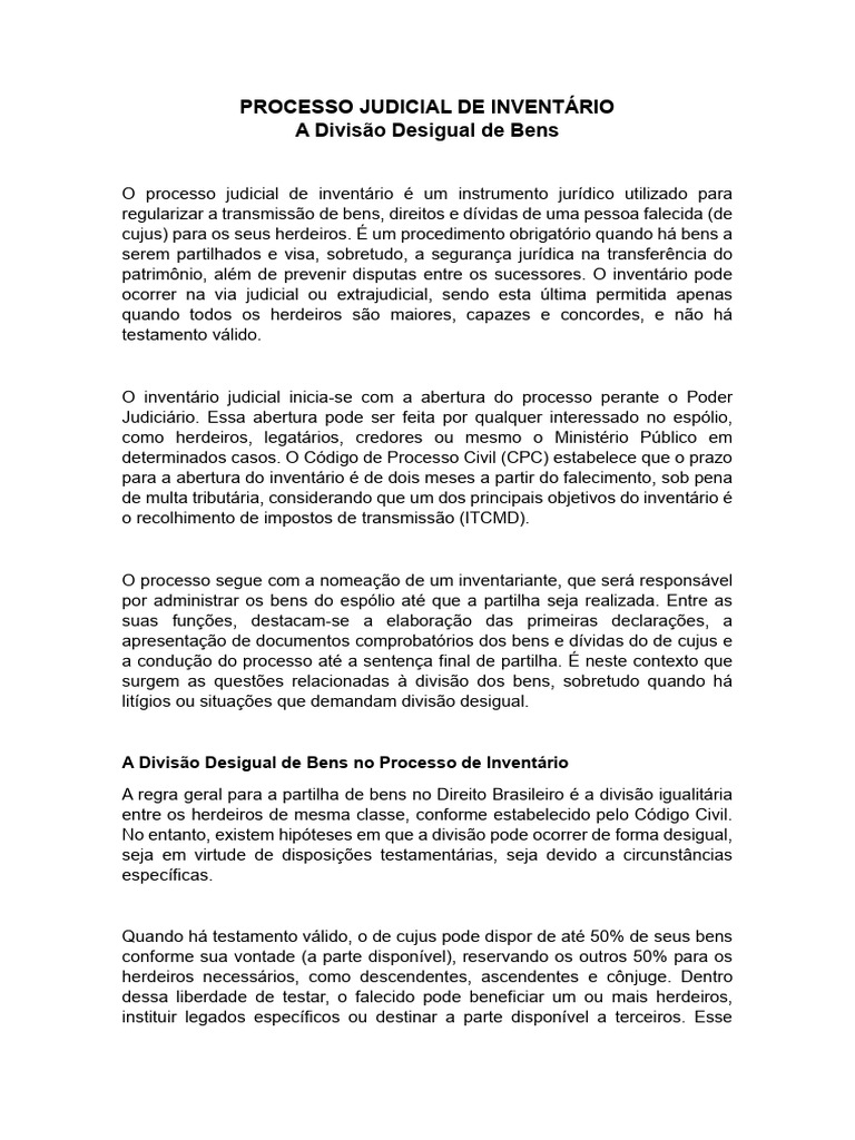 PROCESSO JUDICIAL DE INVENTÁRIO - Divisão Desigual de Bens | PDF ...