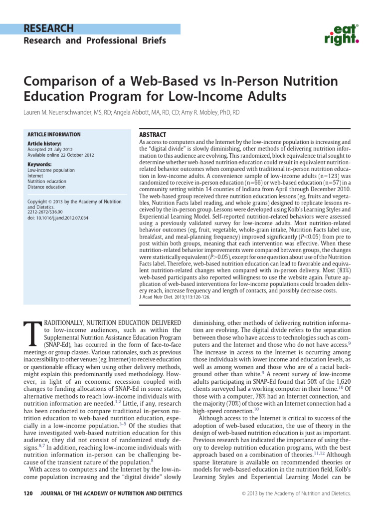 Comparison of Web-Based and in Person Nutrition Education Program For ...