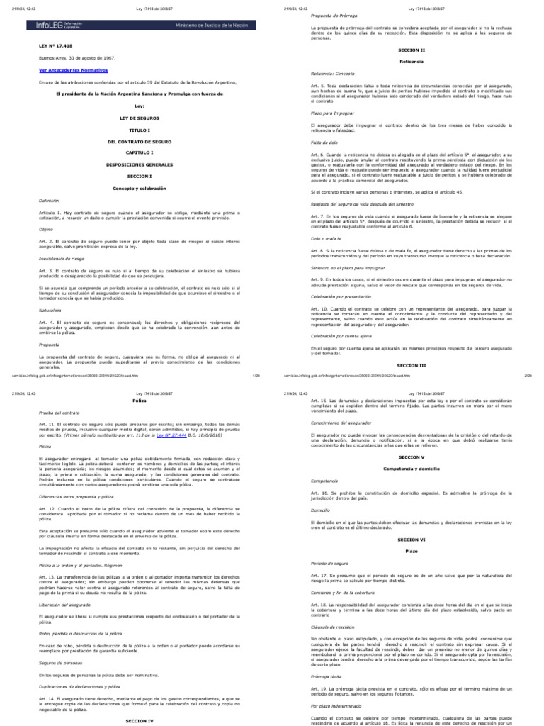 Ley 17418 Del 30 - 8 - 67 | PDF | Póliza de seguros | Seguro