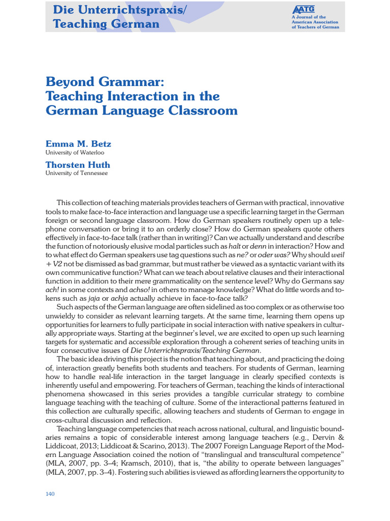Beyond Grammar Teaching Interaction in The German Language Classroom ...