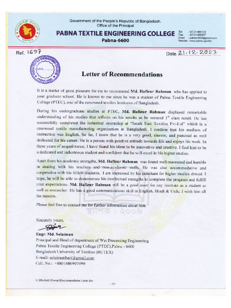 Letter of Recommendation For MD Hafizur Rahman | PDF