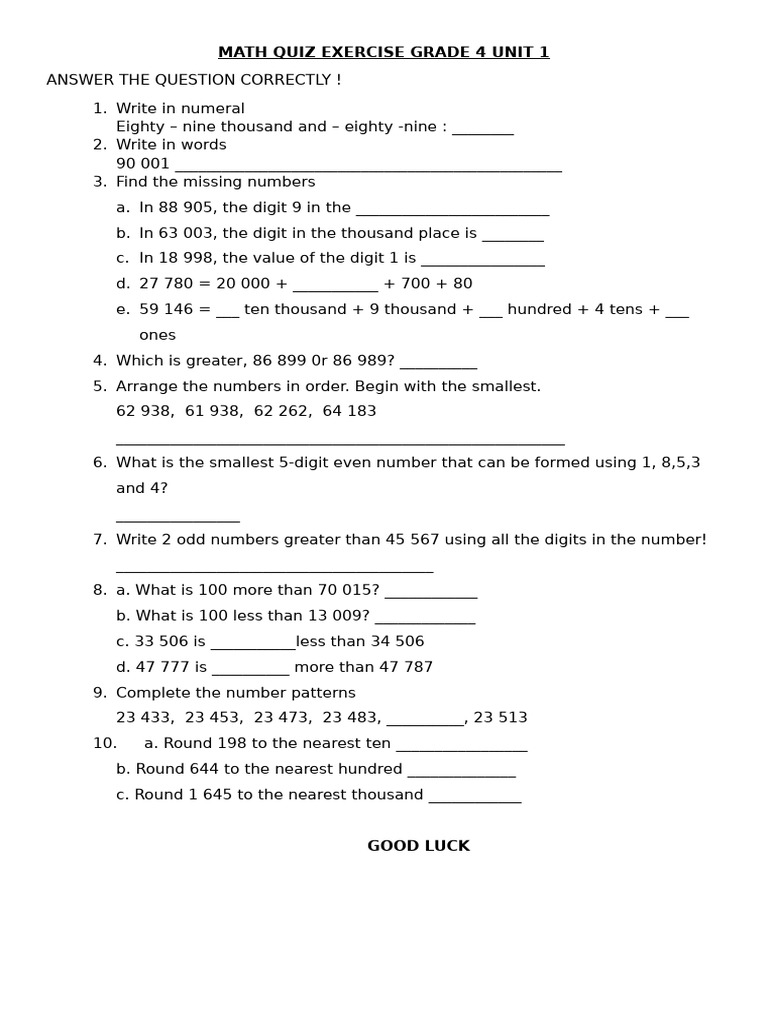 Math Quiz Exercise Grade 4 Unit 1 | PDF