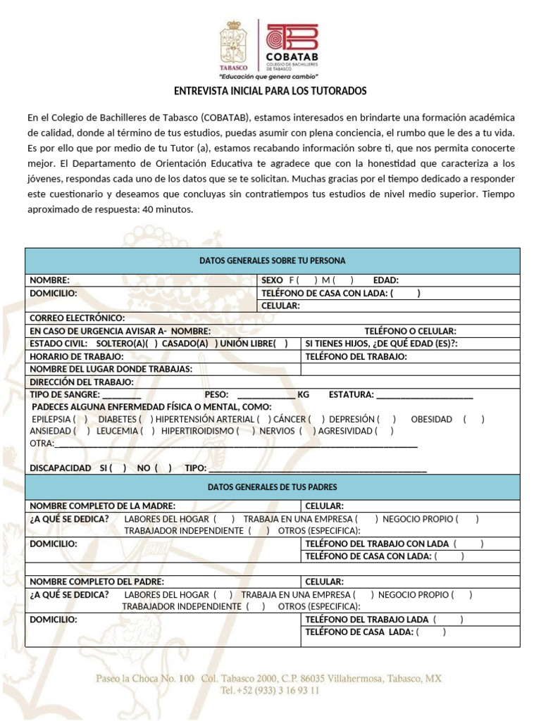 Entrevista Inicial para Tutorados | PDF