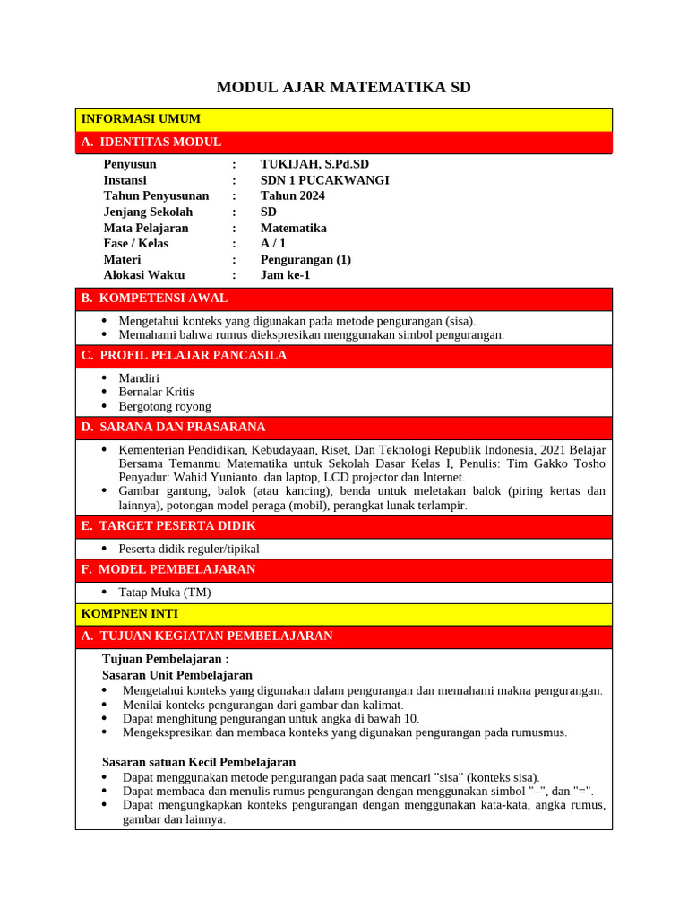 Modul Ajar Matematika SD Kls 1 | PDF | Karier & Perkembangan | Sains & Matematika