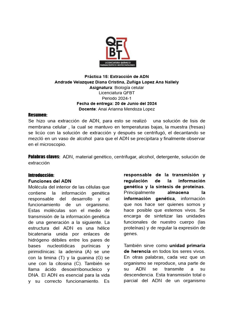 Práctica 15 - Extracción de ADN | PDF | Adn | Rna