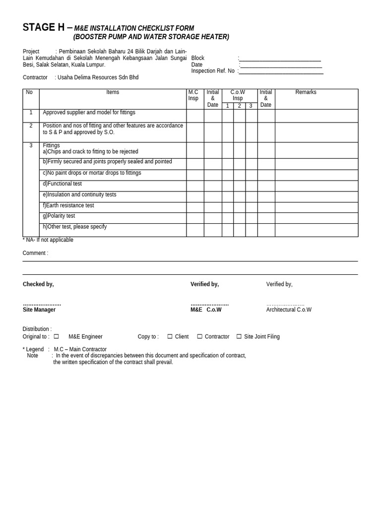 Stage H M&E Installation Checklist | PDF