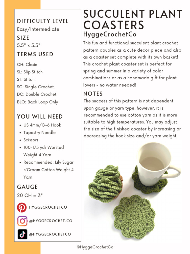Succulent Plant Coasters Crochet Pattern | PDF | Crochet | Needlework