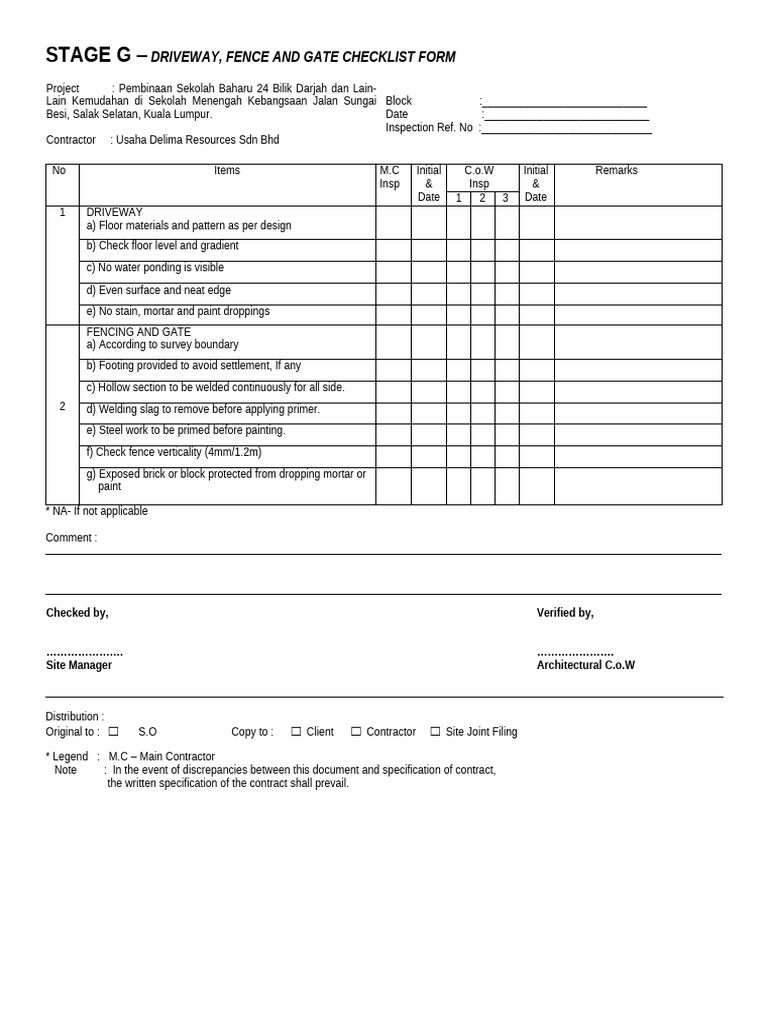 Stage G - Driveway, Fence and Gate works Inspection Form | PDF