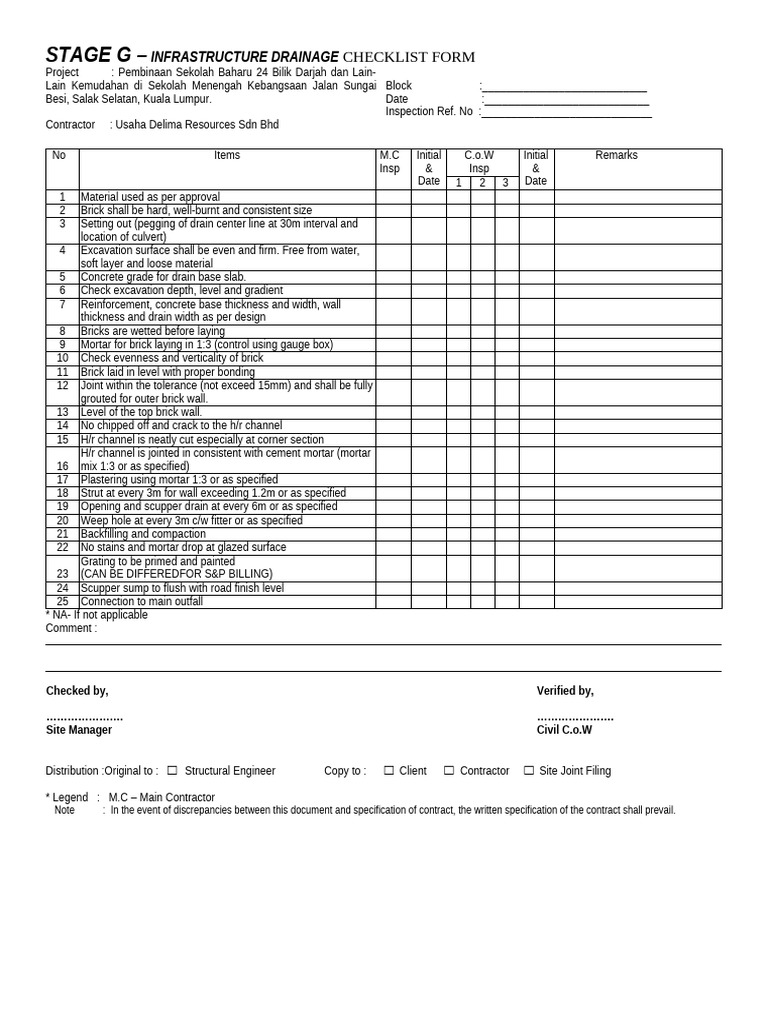 Stage G - Infrastructure Drainage Inspection Form | PDF | Brick | Concrete