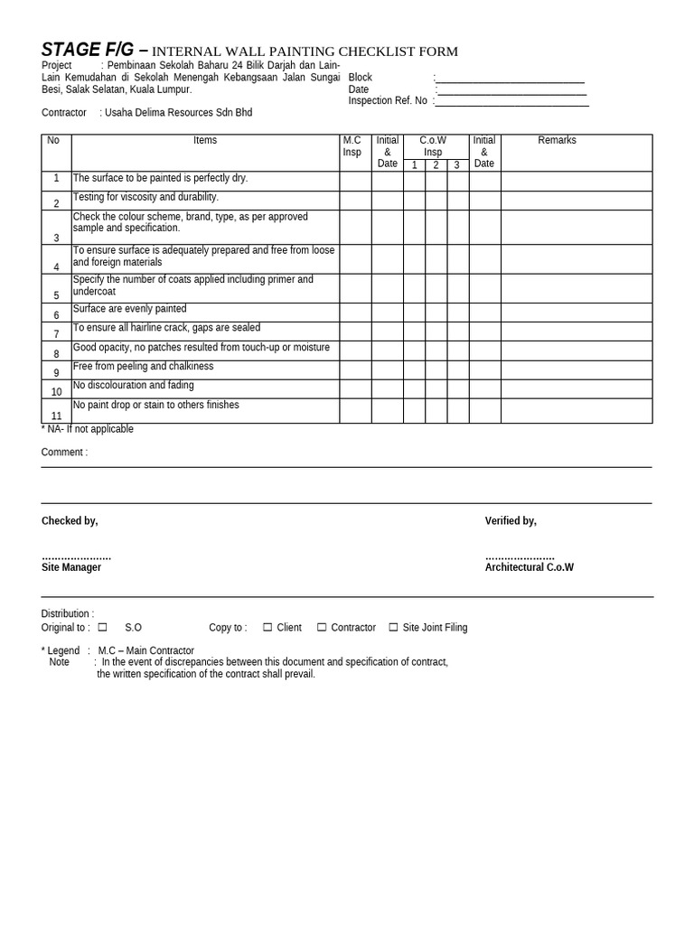 Internal Wall Painting Checklist Form | PDF