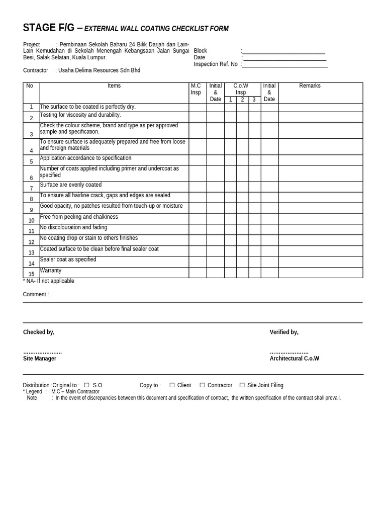 Stage FG - External Wall Coating Inspection Form | PDF | Materials