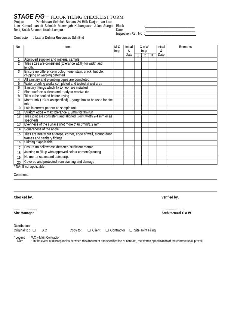 Stage FG - Floor Tiling Inspection Form | PDF | Building Engineering ...