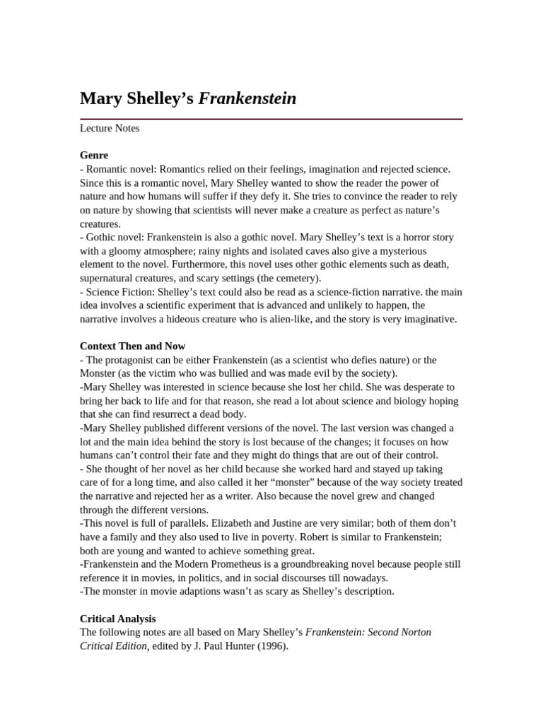 Critical Analysis of Frankenstein | PDF | Frankenstein | Mary Shelley