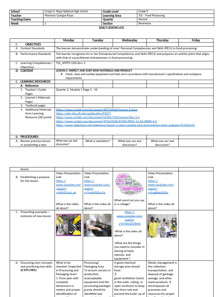 DLL - Grade 9 TLE - Wk2 - Food Processing | PDF | Disinfectant
