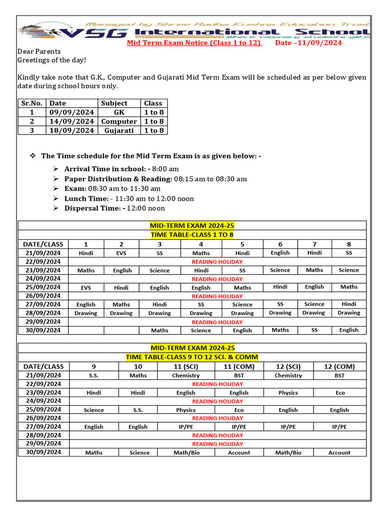 Mid Term Exam Schedule 2024-25 | PDF