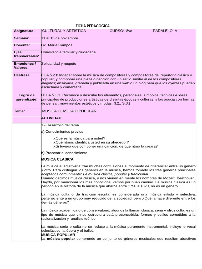 Ficha Pedagogica Eca 8vo Del 11 Al 15 de Noviembre | PDF | Musica Popular | Música folk