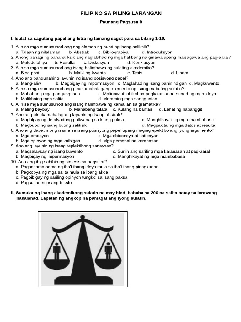 FILIPINO SA PILING LARANGAN-pretest | PDF