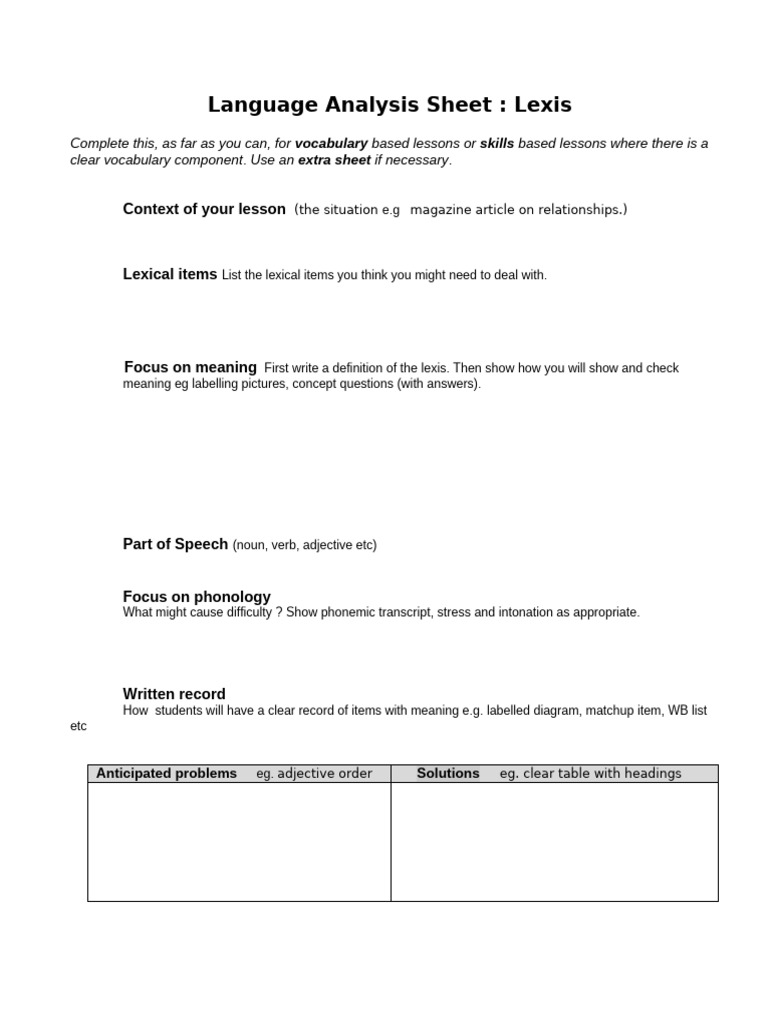 Language Analysis Sheet Lexis | PDF | Language Arts & Discipline
