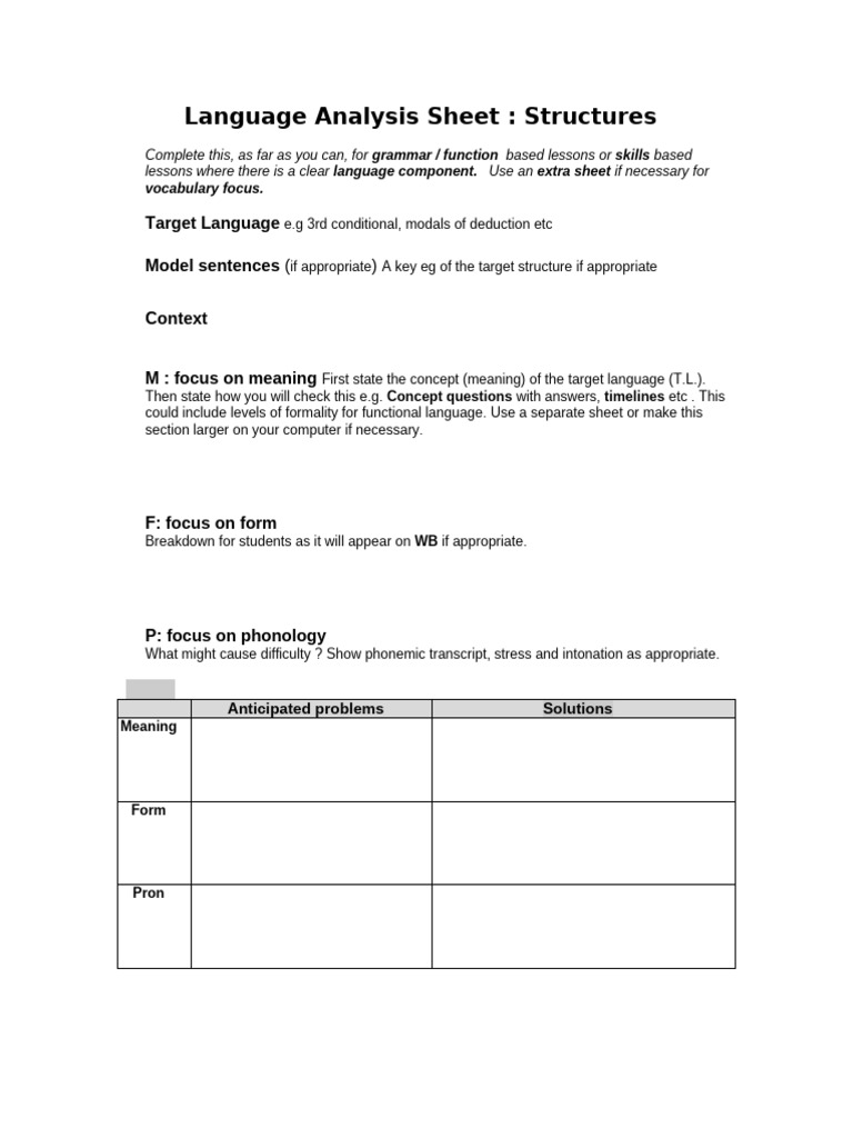 Language Analysis Sheet Structures | PDF
