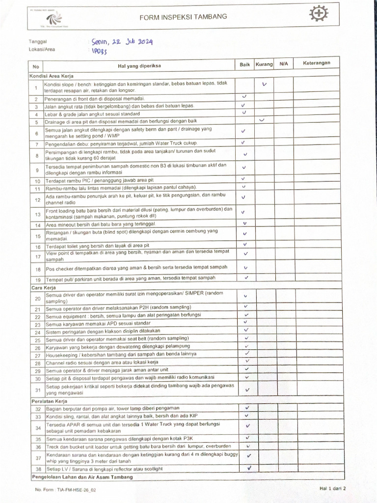 Form Inspeksi Tambang | PDF