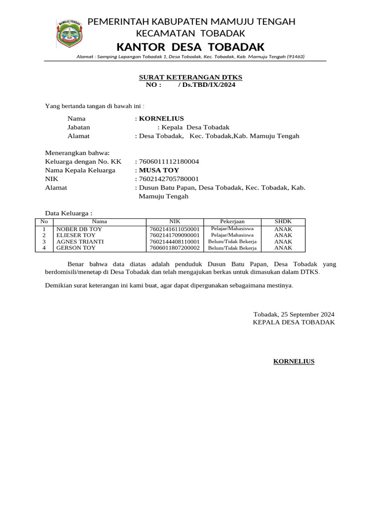 Keterangan DTKS | PDF