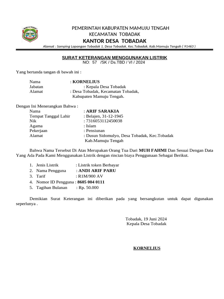 Surat Keterangan Menggunakan Listrik | PDF