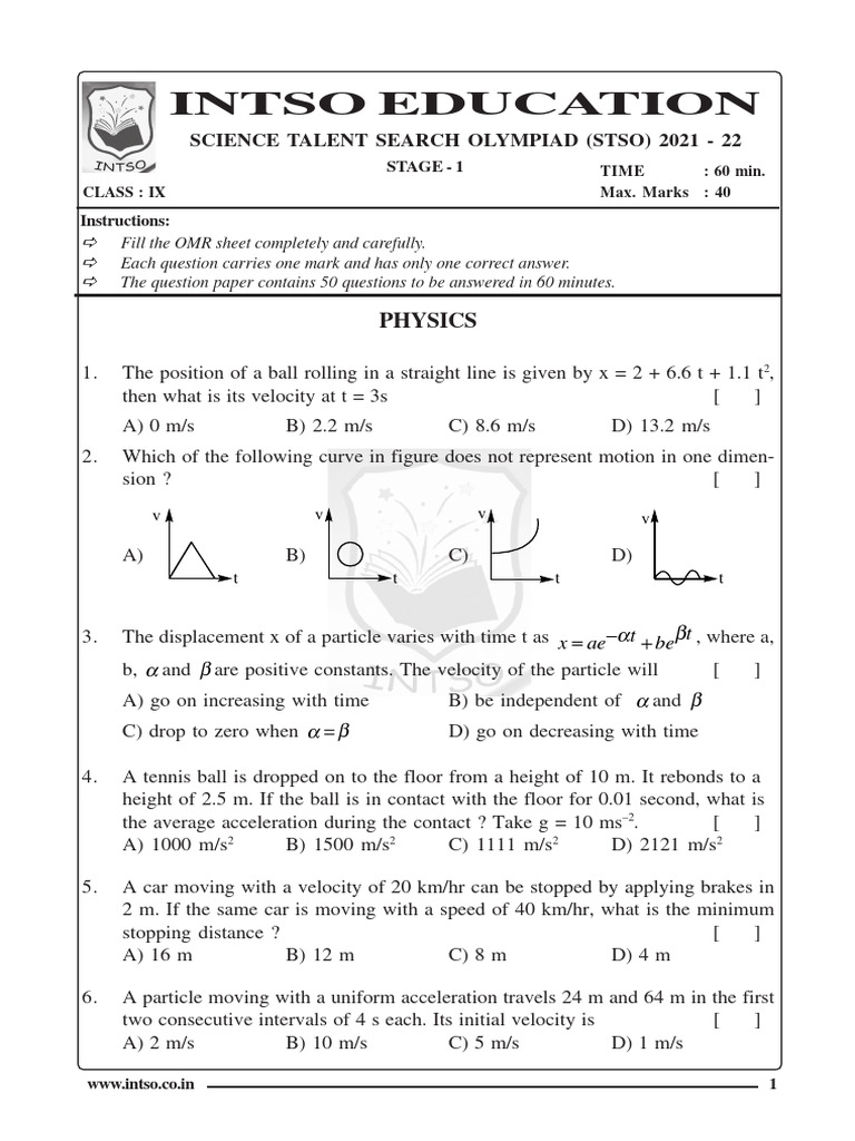 2021-2022-9th-STSO-LEVEL-1 QP WITH KEYS | PDF | Acceleration | Solubility