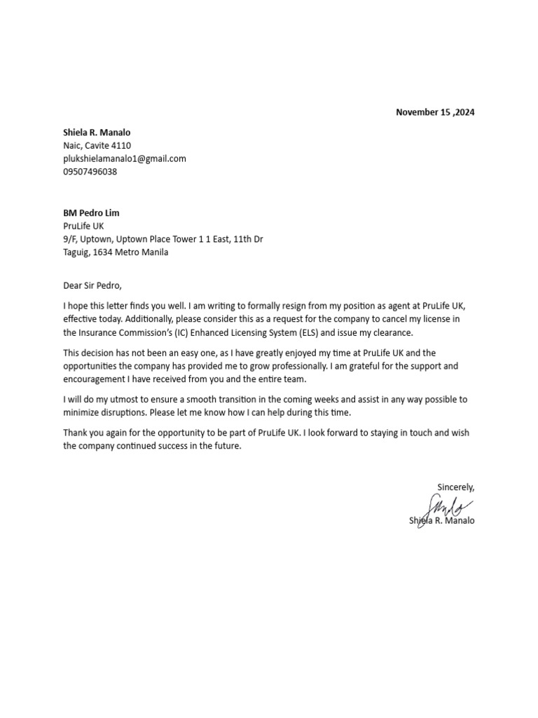 Resignation Letter For PRU PDF Final | PDF