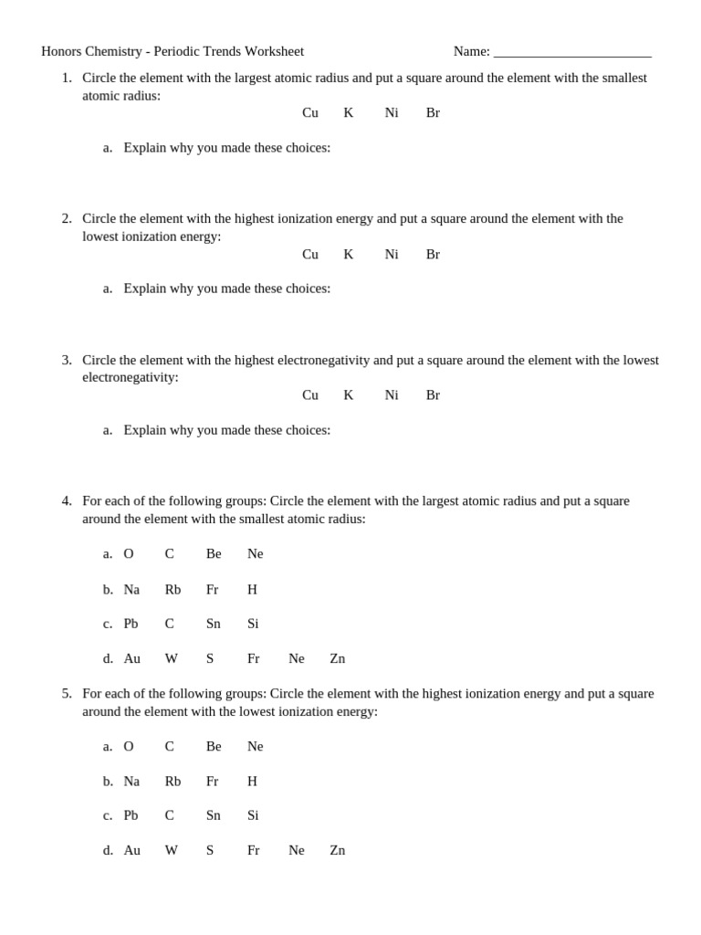 Periodic Trends Worksheet | PDF | Chemical Elements | Ion