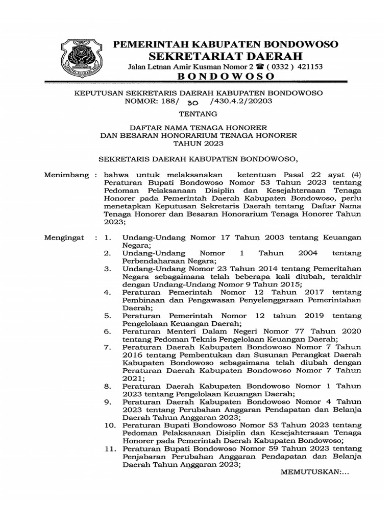 SK SEKRETARIS DAERAH NO. 30 TAHUN 2023 | PDF