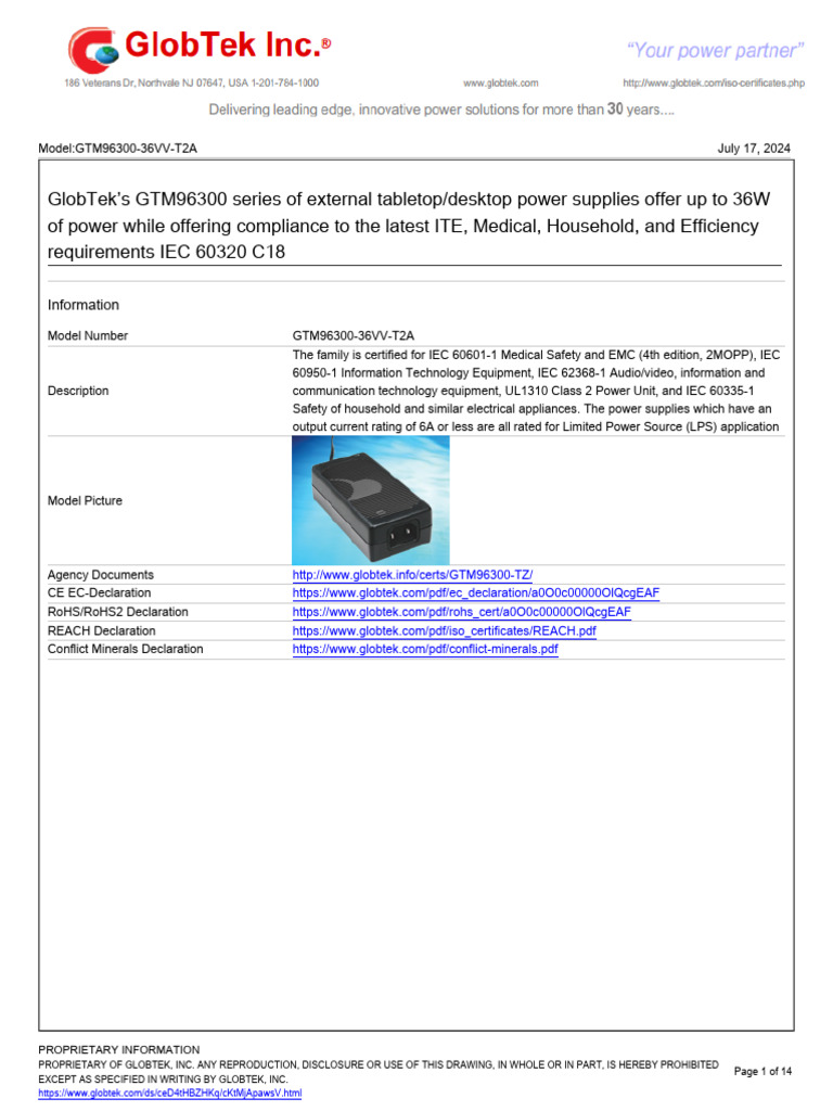 GlobTek+Datasheet | PDF | Power Supply | Alternating Current